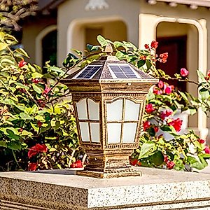 MODEBHD Outdoor Post Light Solar Post Light Auto On/Off Vintage Window Design Die Cast Aluminum Exterior Rainproof Pillar Light Fence Deck Cap Light Lantern Column Lamp for Flat Surface Patio Garden