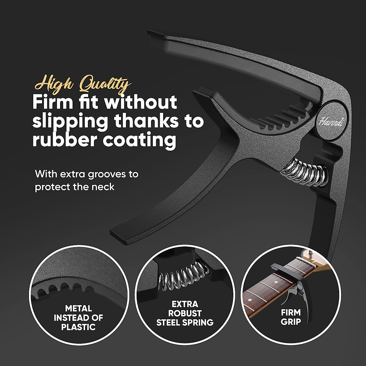 HAVENDI® Capo for Guitar + 3 Picks | Easy to use | Capo for Guitar - Acoustic Guitar, Classical Guitar, Electric Guitar & Ukulele