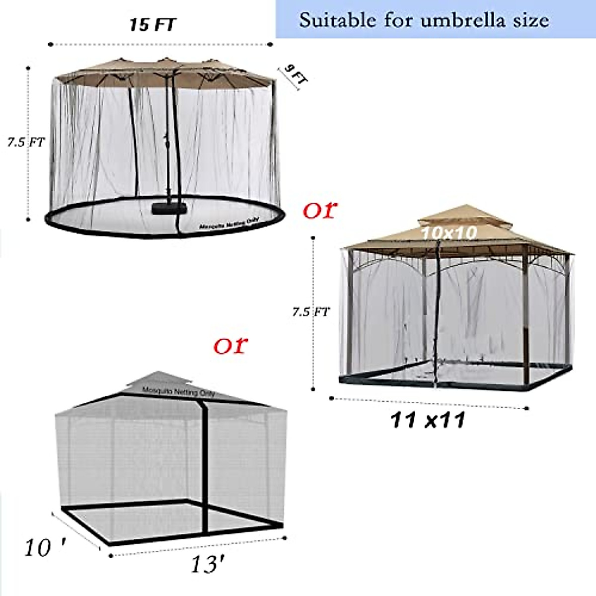 Tiimmgaal 15FT Mosquito Netting for Patio Umbrella Double Sided Patio Umbrella Canopy Netting &10X10 Ft gazebo (Black)(Does Not Contain Gazebo Patio Umbrella) (15FT Black)