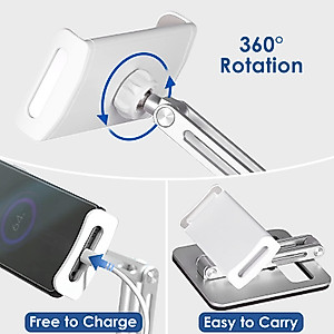 Yoobao Tablet Stand Holder, [Tightness Adjustable] 360° Swivel Foldable Aluminum iPad & Phone Stand for Desk with Heavier Base, Fit for 4.7"-12.9" Microsoft Surface Pro/iPad- Silver