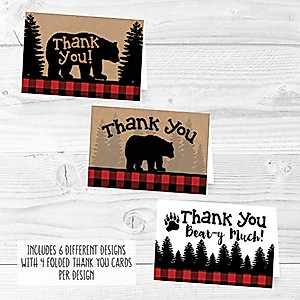 24 Bear Lumberjack Thank You Cards With Envelopes, Kids or Baby Shower Thank You Note, Rustic Zoo Animal 4x6 Varied Gratitude Card Pack For Party, Girl Boy Children Birthday, Modern Event Stationery