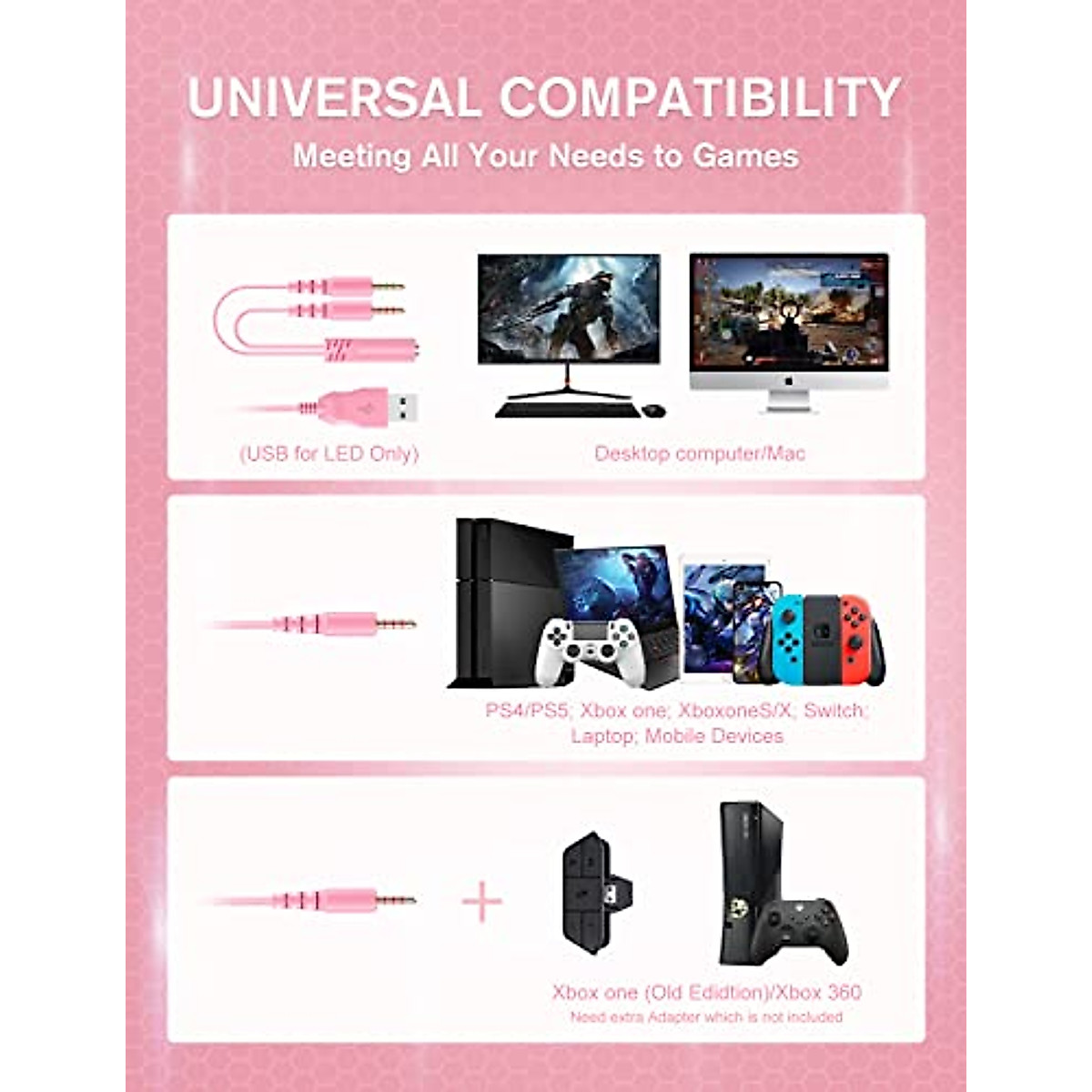 ZIUMIER Z30 Pink Gaming Headset for PS4, PS5, Xbox One, PC, Wired Over-Ear Headphone with Noise Canceling Microphone, LED Flowing RGB Light, 7.1 Surround Sound,Comfortable Earmuffs