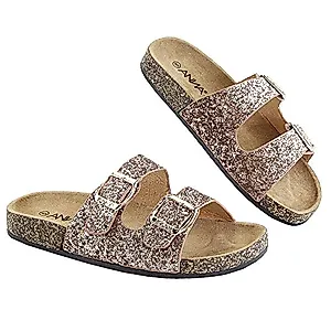 ANNA Glory Women's Slide Sandals Cork Footbed Double Buckle Rose Gold Glitter 7.5