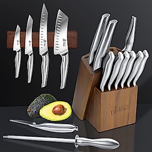 Kitchen Knife Set with Block, DDF iohEF 16 PCS Knife Set for Kitchen with Block Japanese Stainless Steel, Ultra Sharp Chef Knife Set with Sharpener