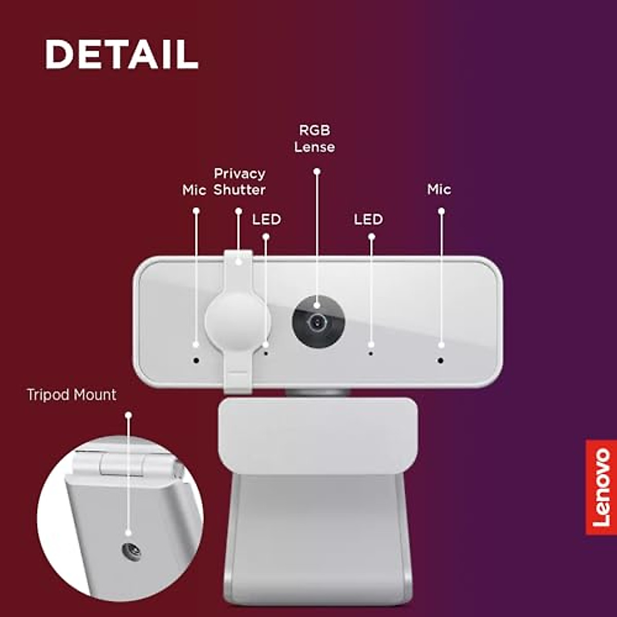 Lenovo HD 1080p Webcam (300 FHD) - Monitor Camera with 95° Wide Angle, 360° Rotation Pan & Tilt, Dual Microphones – Attachable Desktop Cam with Privacy Shutter for Remote Work, Streaming & Gaming