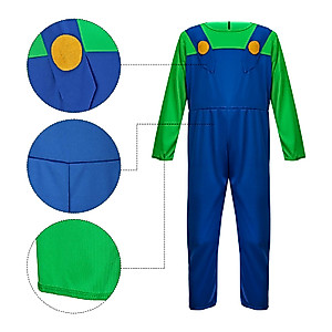 Tappkice Kids Brothers Odyssey Plumber Costume Red Green Jumpsuit Overall with Hat Moustache Halloween Cosplay Game Outfit (Green, 140)