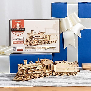 ROKR 3D Wooden Puzzle for Adults Mechanical Car Model-DIY Building Vehicle Kits-Brain Teaser Toys-Gift for Men Women Kids on Birthday/Christmas Day (Steam Train Model with Carriage)