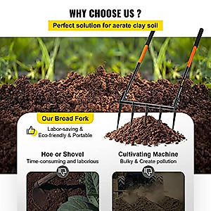 VEVOR Broad Fork Tool, 5 Tines 20 in Wide, Garden Tool with Fiberglass Handle for Gardening and Cultivating, Aerate Clay Soil for Farm