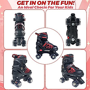 HXWY Kids Roller Skates for Boys Girls Child, Adjustable 4 Sizes Roller Skates for Kids and Youth with Light Up Wheels, Quad Black & Red Roller Skates for Sports (Little Kid 11J-1)