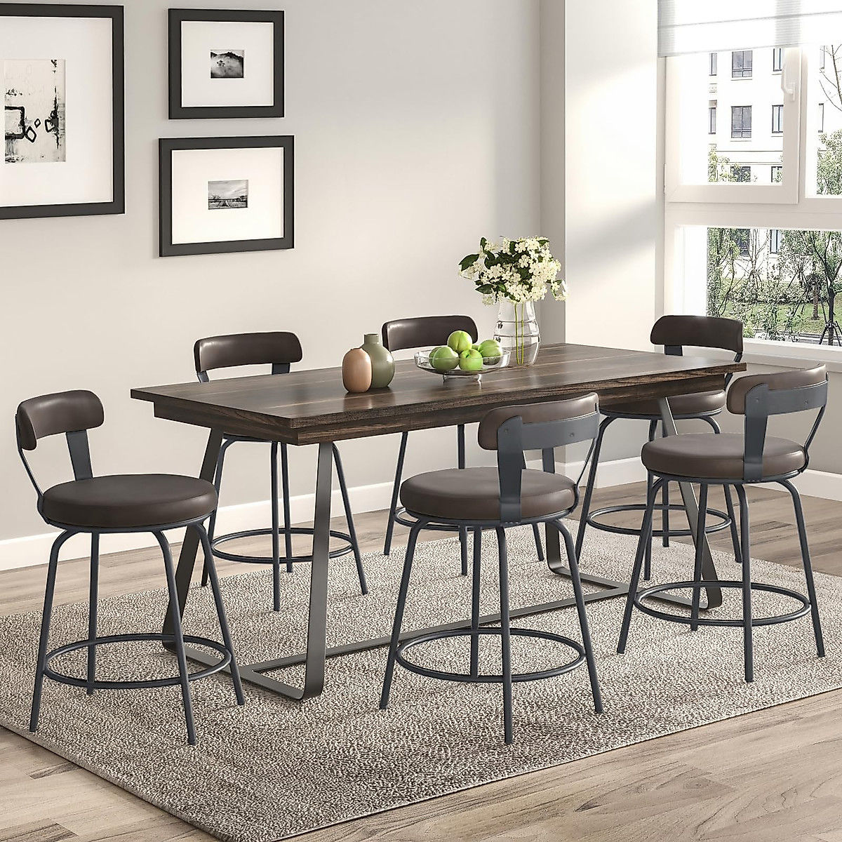 FERFALDER 24 Inch Swivel Counter Height Bar Stools Set of 2, Modern Counter Height Bar Stools with Backs, Leather Counter Height Bar Stools for Kitchen Island, Brown