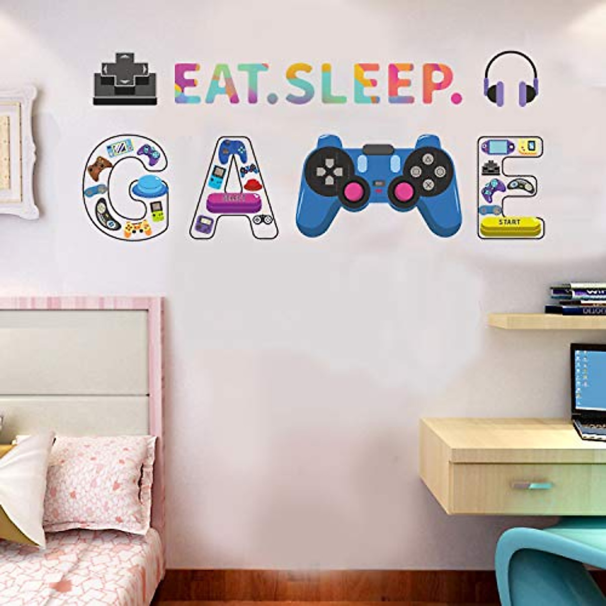Gamer Wall Decals Controller Video Games Wall Stickers for Boy Bedroom Kids Room Playroom Nursery Home Decoration (Game)