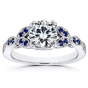 Forever One D-F Moissanite & Blue Sapphire Engagement Ring 1 1/5 Carats TW in 14k White Gold, Size 7, White Gold