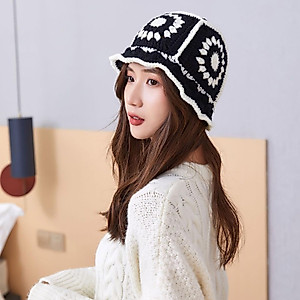 Crochet Bucket Hat for Women Crochet Hat Handmade Knitted Hat Foldable Floral Crochet Beanie Hat for Women Girls Outdoor Black/White