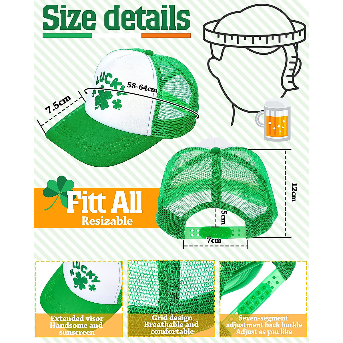 St. Patrick's Day Trucker Hat 2 Pieces Irish Green Mesh Cap Shamrock Hat Saint Patrick's Day Accessories Four-Leaf Clover Baseball Cap