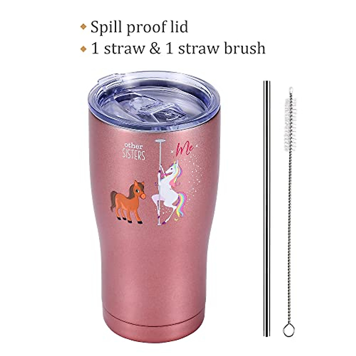 Shamone Unicorn Sister Gifts from Sister, Tumbler 20oz Insulated Stainless Steel w/Lid, SS Straw, Cleaning Brush, Sister Birthday, Sister Christmas Gifts, Funny Gift from Sister (Rose Gold)
