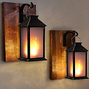 13" Vintage Style Solar Powered Flame Effect (Metallic Coating Black,Plastic),Garden Light Vivid Fire Effect,Outdoor Solar Hanging Lantern,Decorative Candle Lanterns ZKEE (Set of 2)