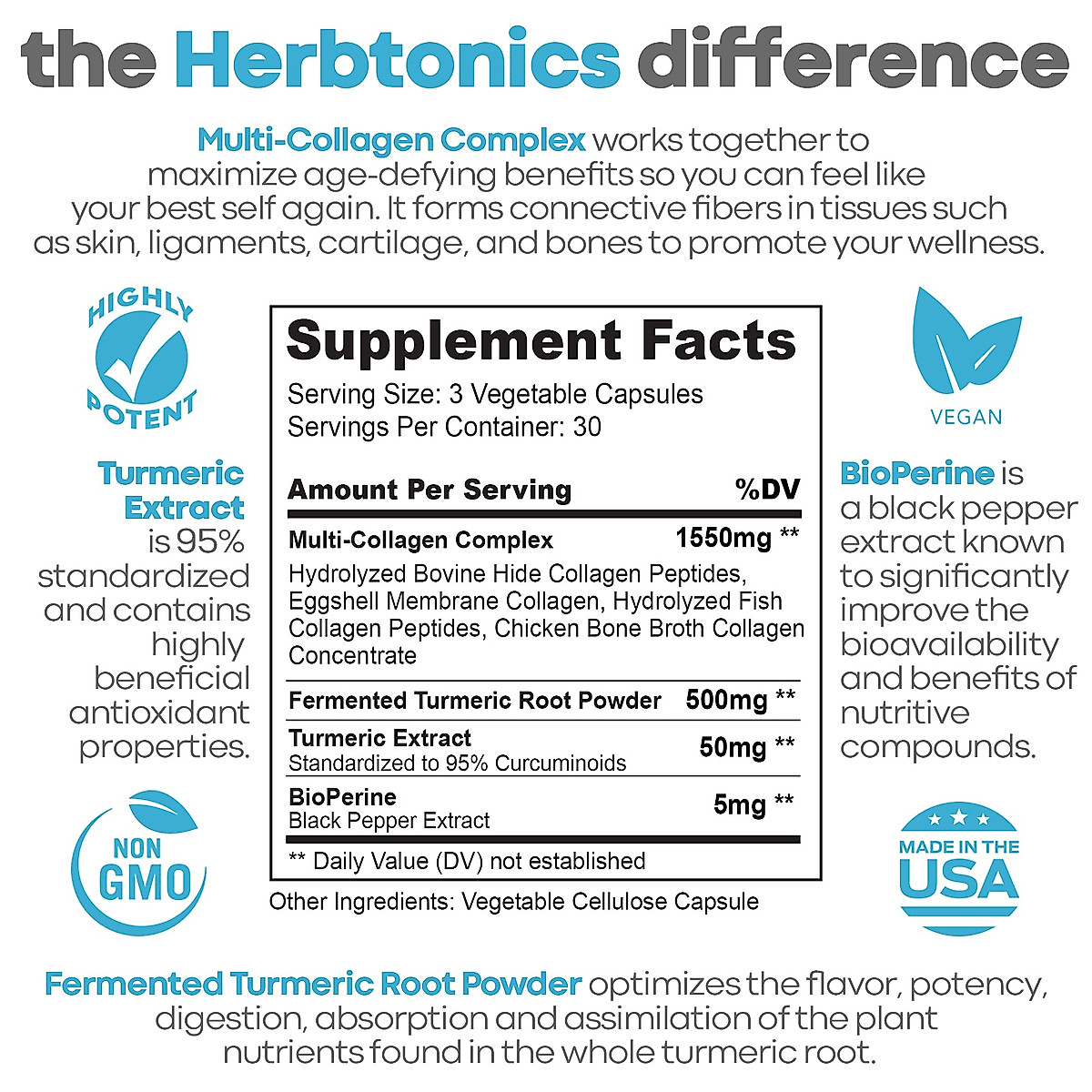 Multi Collagen Complex (Types 1 2 3 5 and 10) | Hydrolyzed Collagen Peptides | Collagen for Women & Men | Hair, Skin, Nails, Joint Support (with Turmeric) | 90 Capsules