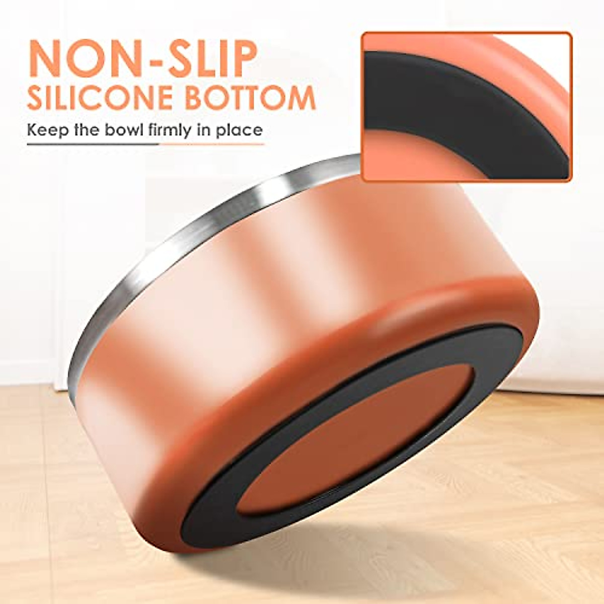 IKITCHEN Dog Bowl for Food and Water, 64 Oz Stainless Steel Pet Feeding Bowl, Durable Non-Skid Double Wall Insulated Heavy Duty with Rubber Bottom for Medium Large Dogs (64 Ounces/8 Cup, Orange)