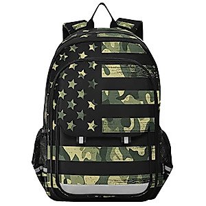 Vnurnrn Kids Backpack American Flag with Green Camo Print Big Storage Multi Pockets 17.7 IN School Backpack with Chest Buckle Reflective Strip for Boys Girls 6+ years in Primary Middle High School