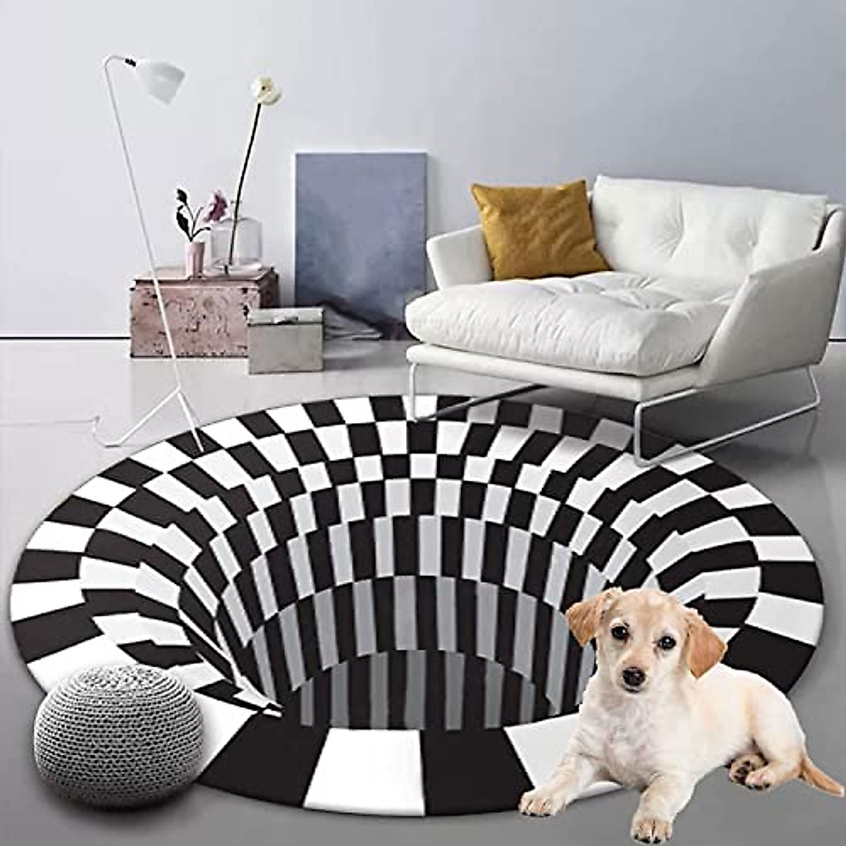 FDGDFG 3D Vortex Illusion Rug, 2022 New Black White Plaid Round Rugs 3D Visual Optical Floor Mat, Abstract Geometric Non-Slip Optical for Living Dinning Room Bedroom Kitchen (40x40in, MDKJ-4)