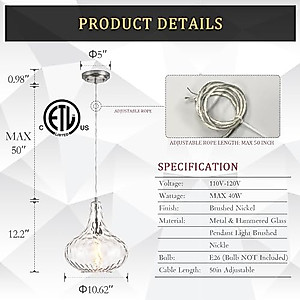 CATINER Glass Pendant Light Brushed Nickel 11-inch Hammered Pendant Lighting for Kitchen Island, Kitchen Sink, Hallway, Living Room