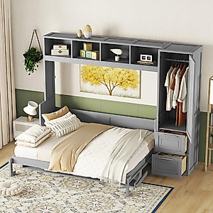 Queen Size Murphy Bed Wall with Closet and Drawers, Gray