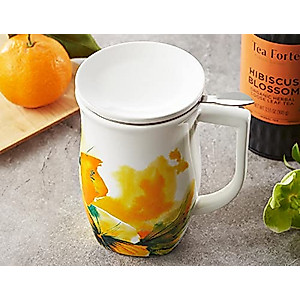 Tea Forte Fiore Ceramic Tea Mug with Infuser and Lid, Wild Poppy, 14 oz. Ceramic Cup with Handle for Steeping Loose Leaf Tea, Dishwasher & Microwave Safe
