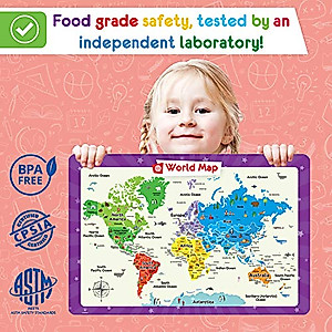 Simply Magic 5 Placemats for Kids - Kids Placemats Non Slip, Washable Reusable Children Placemats, Educational Placemats: USA and World Maps, Periodic Table, US Presidents, Plastic Placemats for Kids