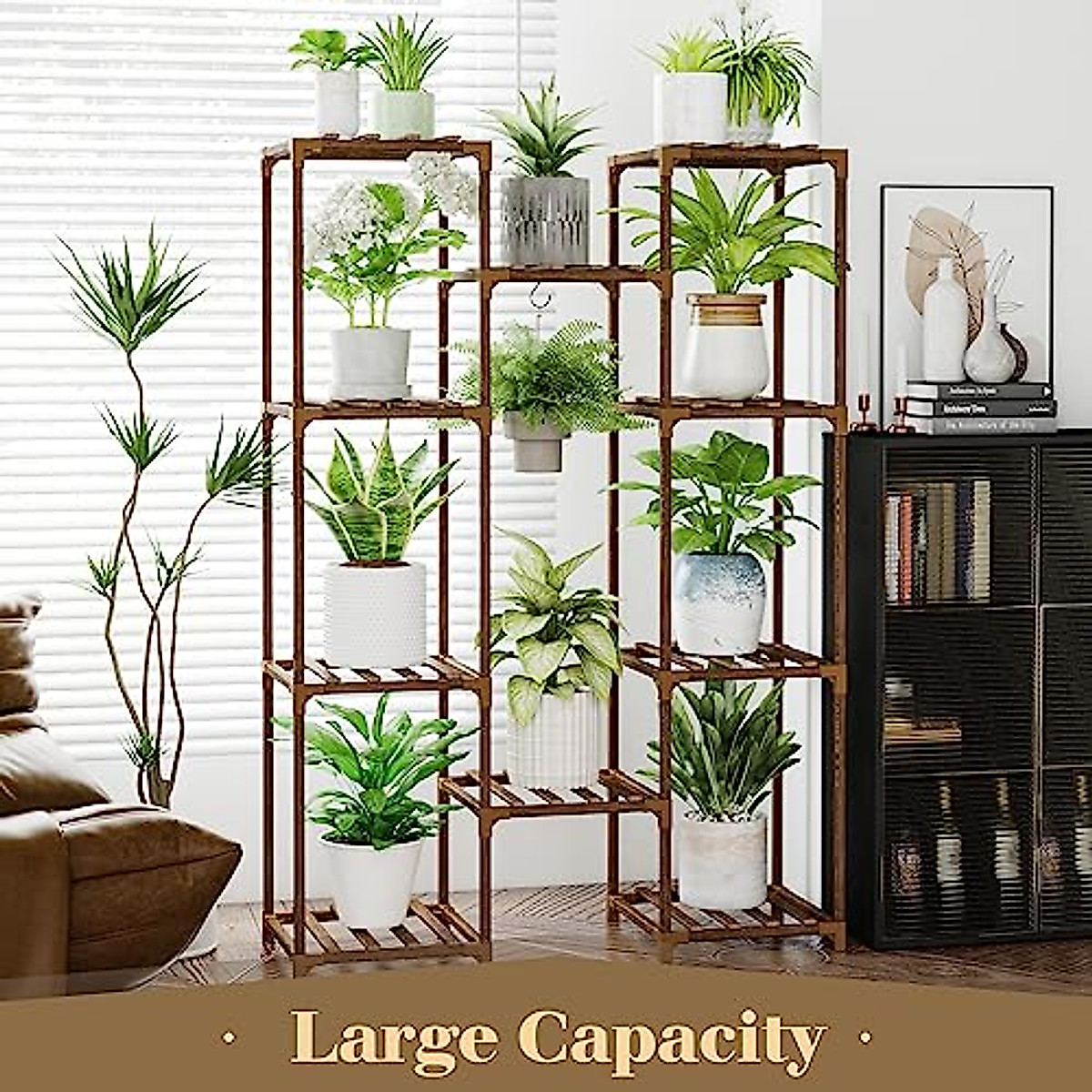 Bamworld Plant Stand Outdoor Indoor Hanging Plant Shelf Tall Large Plant Holder Wood for Living Room Plant Rack Indoor Multiple Plants Patio Balcony Garden