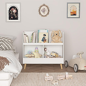 Kids Bookshelf with Toy Organizer, 5 Cubbies Children's Toy Shelf, 2-Tier Open Bookcase, Book Display Storage Organizer with Legs, Toy Storage Cabinet for Children's Room, Playroom White A