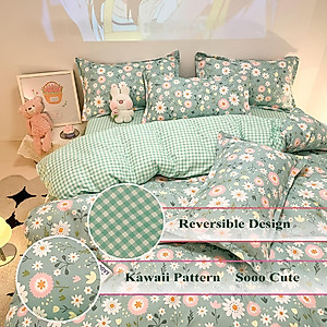 CinYana Sage Green Duvet Cover,Botanical Daisy Floral Duvet Cover Set,3 Pcs Kids Comforter Cover Set,Garden Flower Bedding Set,Soft Reversible for Girls Women Boys(Flowers,Queen)