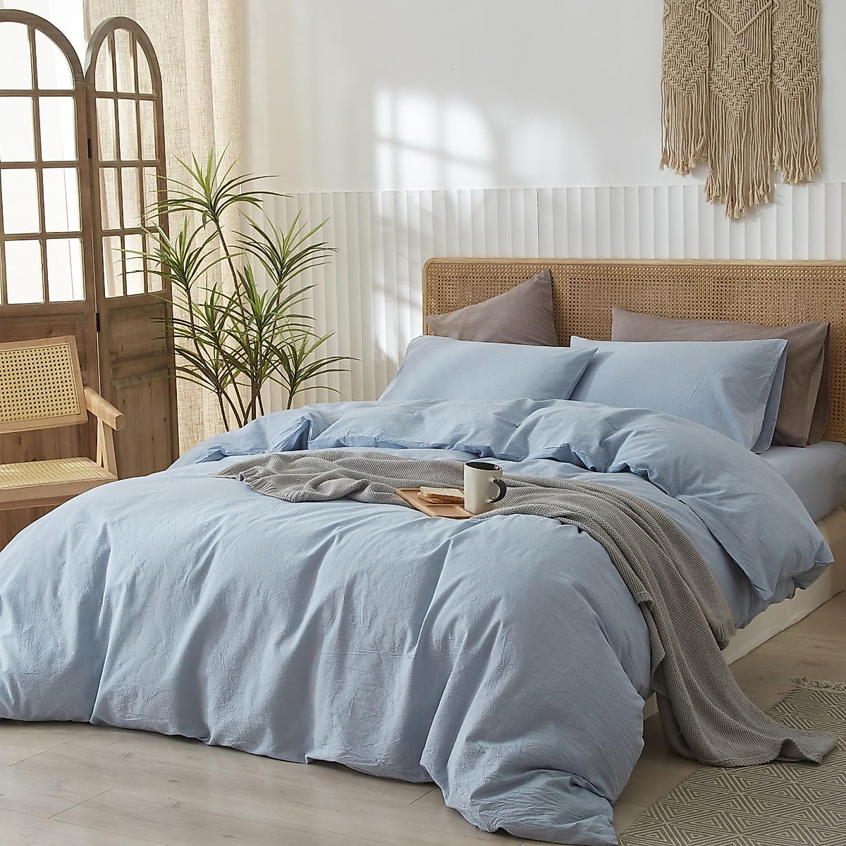 LIFETOWN 100% Washed Cotton Duvet Cover Set Linen Like Textured Breathable Lightweight (Linen, King)