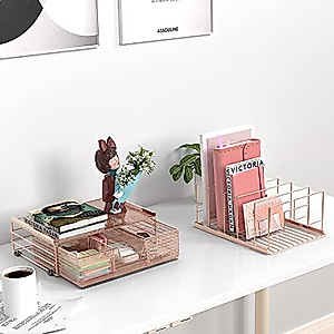 Cisily Desk Organizers and Accessories, 5 Vertical File Holders Home Office Supplies, Desktop Organization with Drawer and Pen Holders, Rose Gold