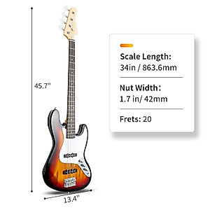 Ktaxon Electric Bass Guitar with 20Watt Amplifier, 4 String Right Handed Electric Bass Kit for Beginner & Professionals W/a Bag, Shoulder Strap, Guitar Pick, Wrench Tool(Brown Sunburst)