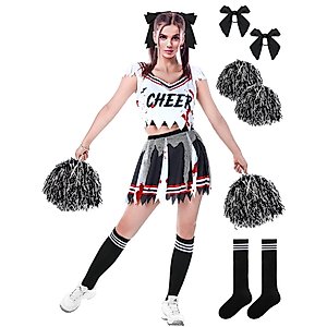 Xtinmee Halloween Zombie Cheerleader Costume for Women Girls Scary Cheerless Bloody Dress Pom Poms Hair Ropes Striped Socks (XL)