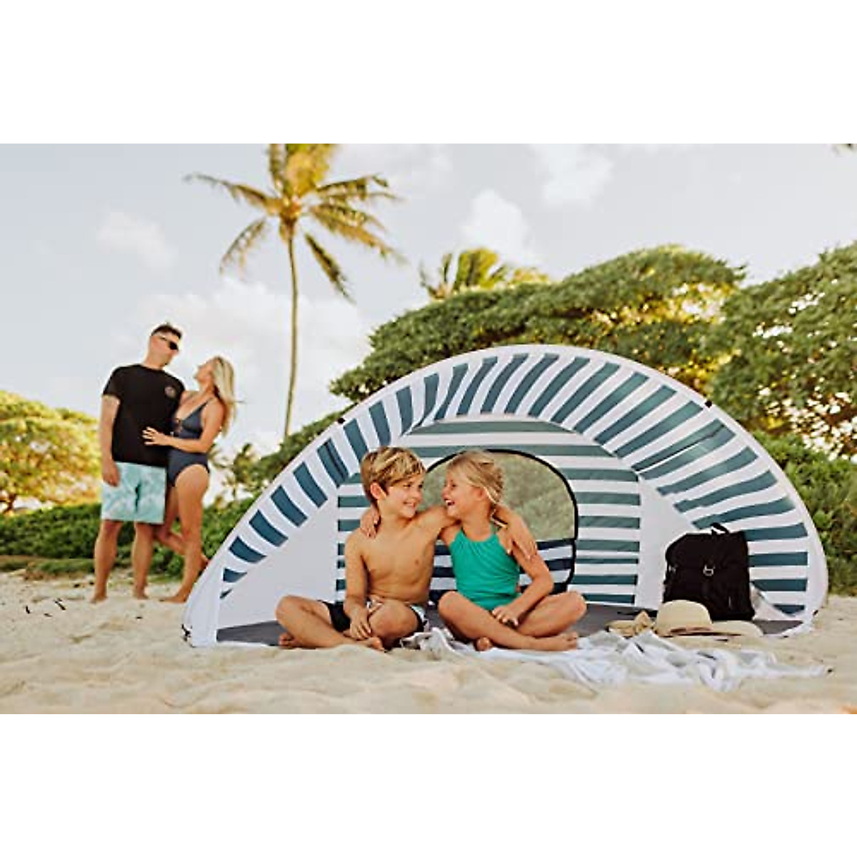 ONIVA - a Picnic Time brand - Manta Portable Beach Tent - Pop Up Tent - Beach Sun Shelter Pop Up, (Navy Blue & White Stripe)