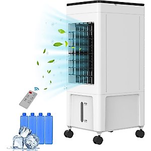 Cobuy Evaporative Air Cooler, 3-IN-1 Windowless Air Conditioner Portable, Swamp Cooler with 2 Gal Water Tank, Timer, 3 Speed, Remote, 4 Ice Packs, Cooling Fan for Room Home Office Indoor Use