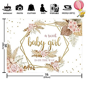 Homewelle Boho Bohemian Floral Sweet Baby Girl Backdrop 7Wx5H Feet Polyester Fabric Baby Shower Blush Pink Flower Pampas Grass Gold Party Decoration Newborn Photography Background Photo Shoot Prop