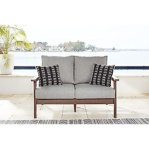 Signature Design by Ashley Emmeline Classic Outdoor HDPE Wood Look Framed Cushioned Loveseat, Beige & Gray