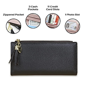 Meilib Wallet for Women Leather Cell Phone Case Holster Bag, Long Slim Credit Card Holder Cute Minimalist Coin Purse Thin Large Capacity Zip Clutch Handbag Wallet for Girls Ladies Black