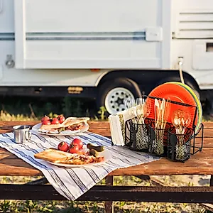 Mezchi Metal Utensil Caddy with 5 Compartments, Black Mesh Silverware Caddy Organizer, Flatware Storage Holder for Napkins, Plates, Party, Camping, Picnic, Buffet, RV, BBQ, Kitchen, Countertop