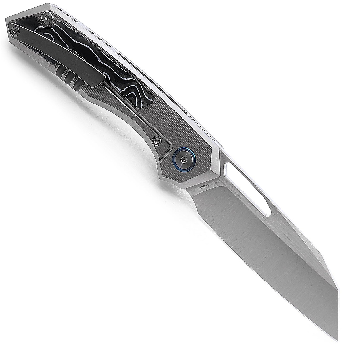 Miguron Knives M Keryx II Front Flipper Folding Knife 3.18" Hand Ground Rubbed Satin M390 Blade Titanium With Silver Carbon Fiber Inlay Handle Pocket Knife MGR-605CSRII