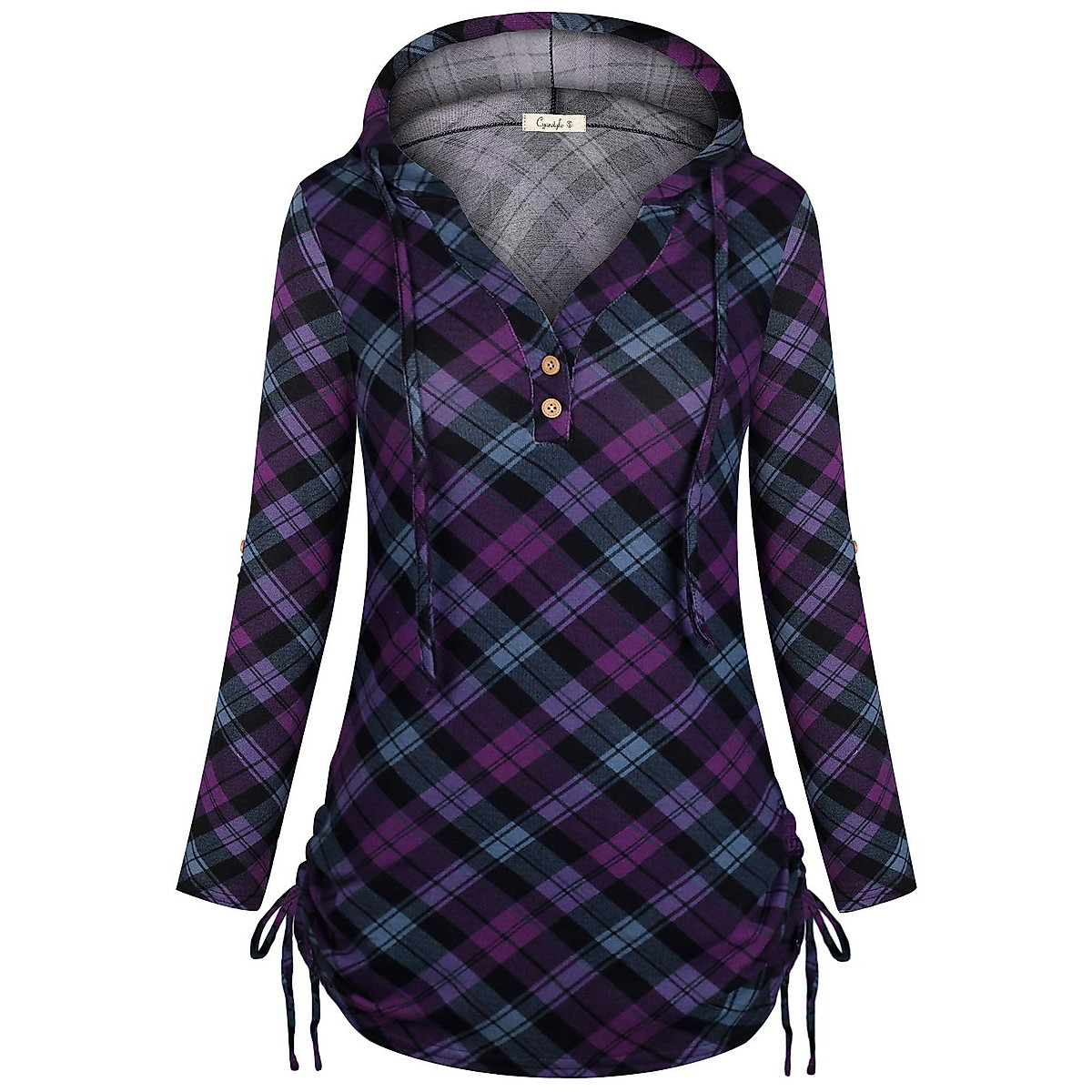 Cyanstyle Women's Long Sleeve Henley V-Neck Button Sweatshirt Tunic Hoodies Casual Pullover with Drawstring Purple Plaid Medium
