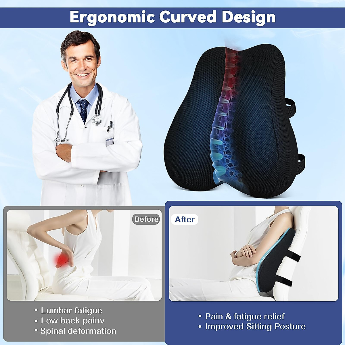 Lumbar Support Pillow for Office Chair, Cooling Memory Foam Pillow for Back Pain Relief, Ergonomic Back Support Pillow with Dual Extension Straps for Car, Couch, Recliner, Gaming Chair, Black