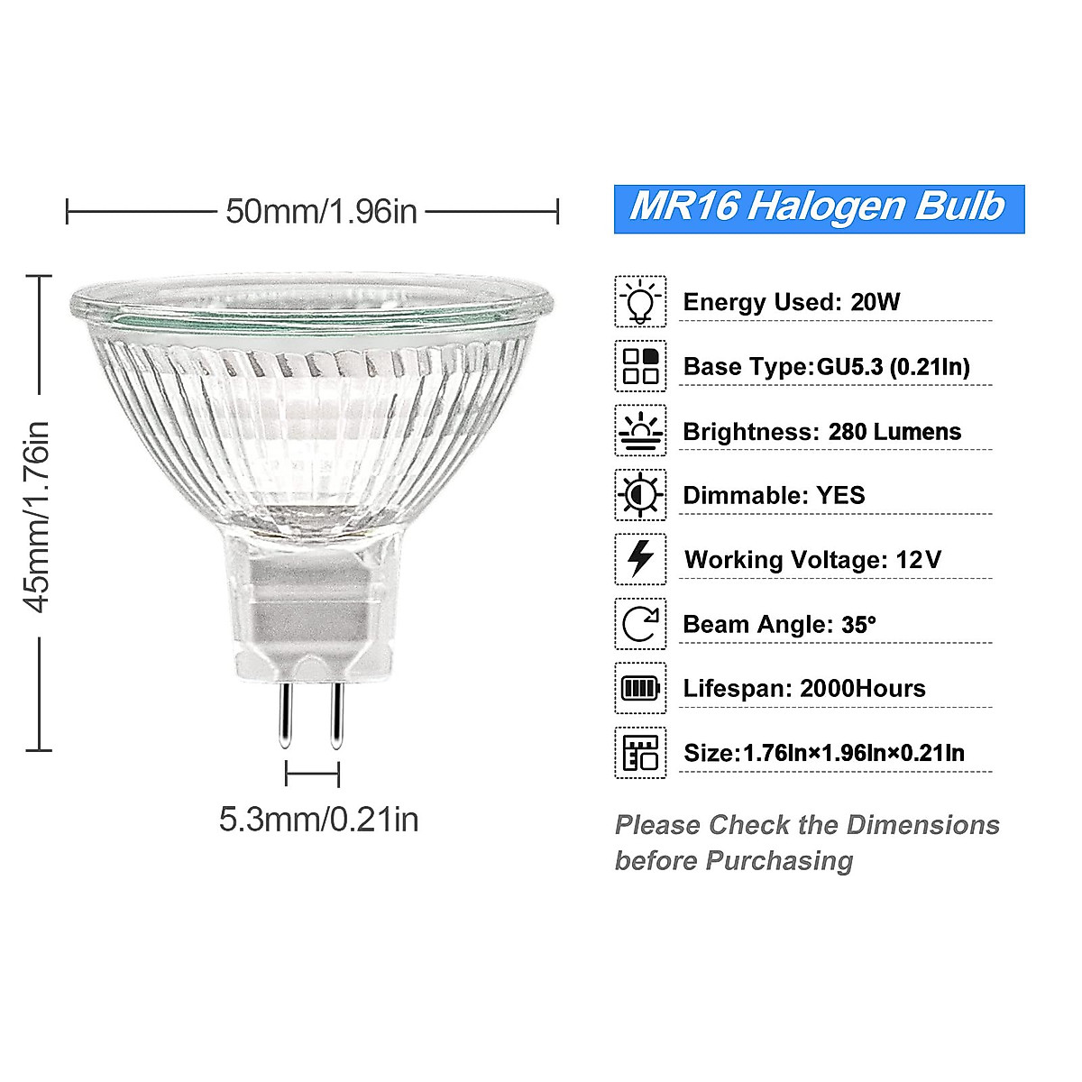 ETUOLMP MR16 Halogen Bulb 20W 12V, Durable 6 Packs High Output Halogen Light Bulbs 2 pin GU5.3 Base for Landscape Lights, Track Lights, Fiber Optics, Desk Lamps, Dimmable, 2700K Warm White
