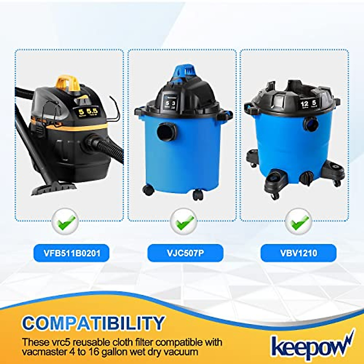 KEEPOW VRC5 Cloth Filter Bags for Vacmaster 4 to 16 Gallon Wet/Dry Vacuums VBV1210 VJC507P, 4 Pack