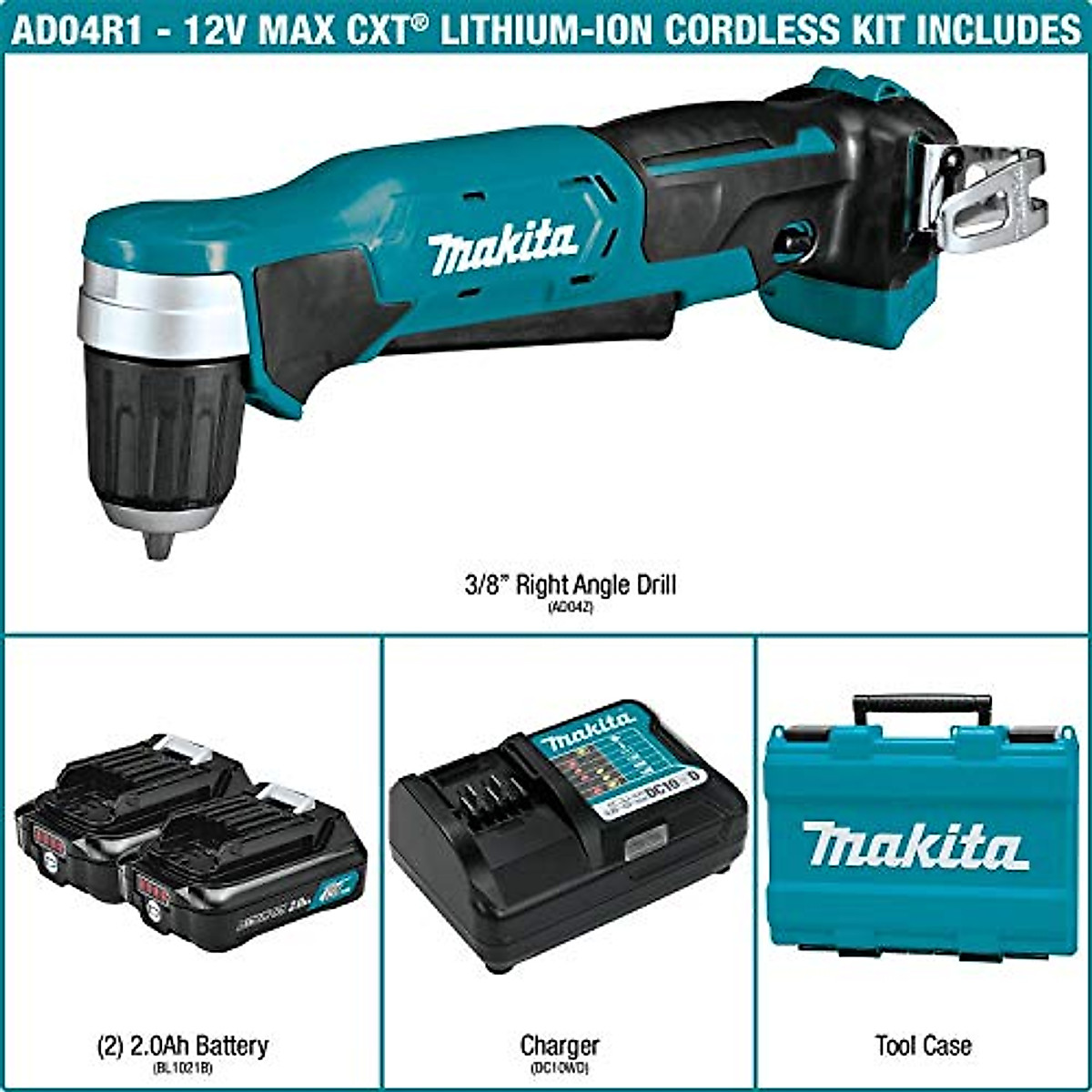 Makita AD04R1 12V max CXT Right Angle Drill Kit, 3/8"