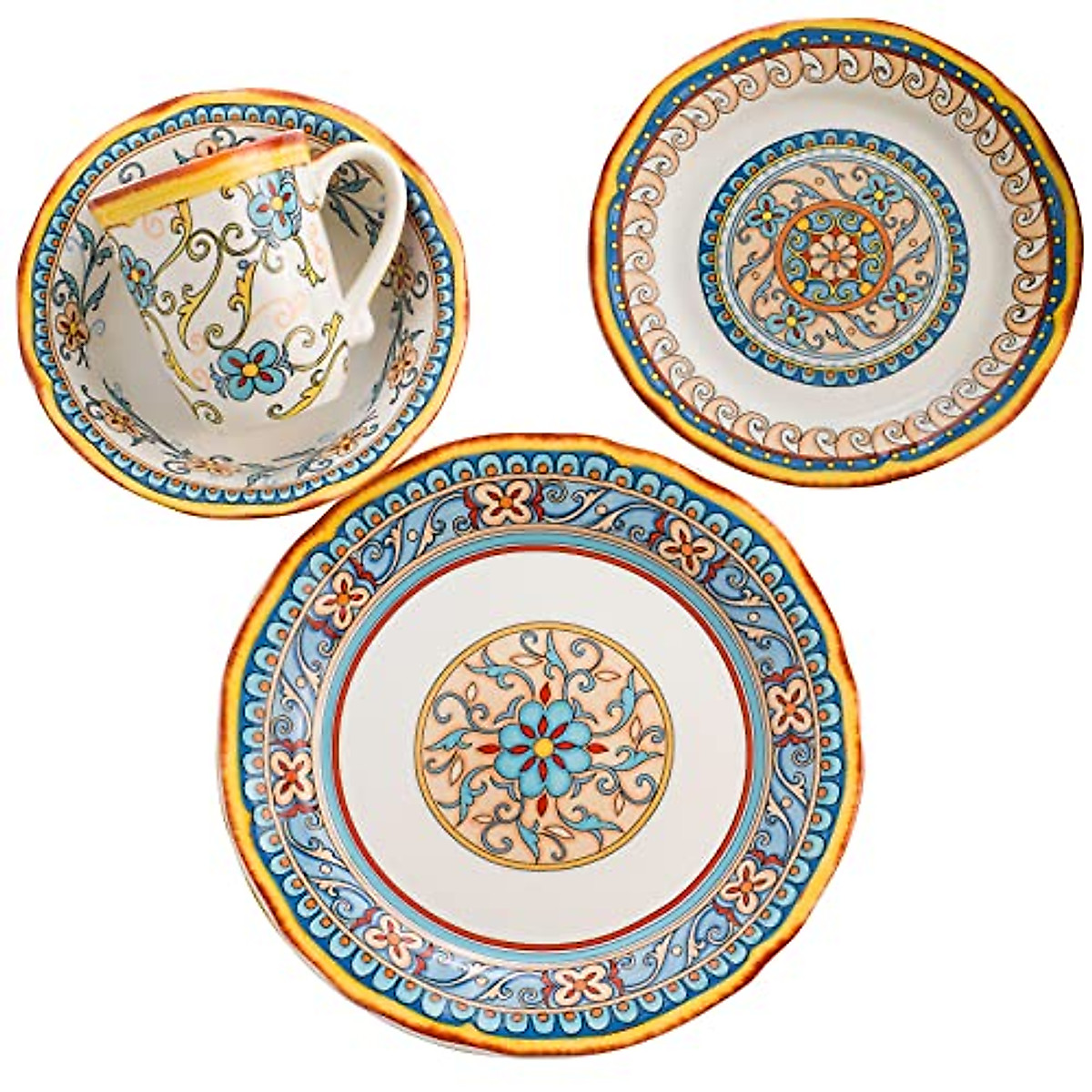 Euro Ceramica Duomo 16 Piece Stoneware Dinnerware Set, Service for 4 – Thanksgiving-Fall-Summer Dishes - Floral Design, Multicolor