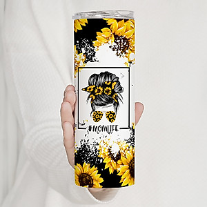 YouNique Designs Sunflower Mom Coffee Tumbler with Straw and Lid, 20 Oz, Insulated Stainless Steel Skinny Tumbler for Women, Mama Tea Tumbler, Mom Life Water Tumbler Cup