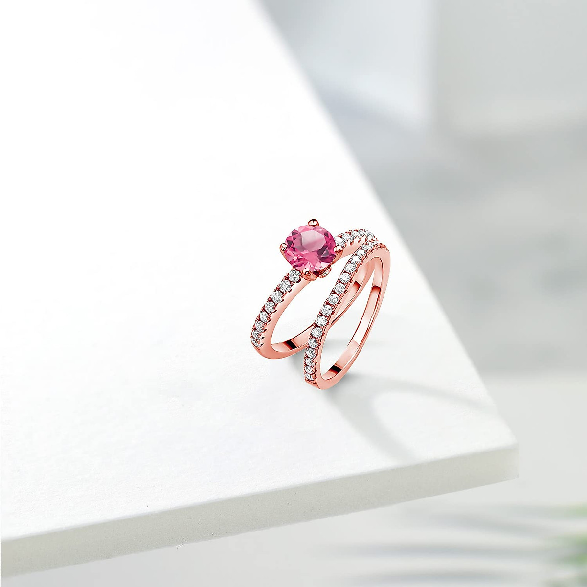 Gem Stone King 18K Rose Gold Plated Silver Pink Mystic Topaz and White Moissanite Wedding Engagement Band Bridal Set Ring For Women (1.99 Cttw, Gemstone, Available In Size 5, 6, 7, 8, 9)